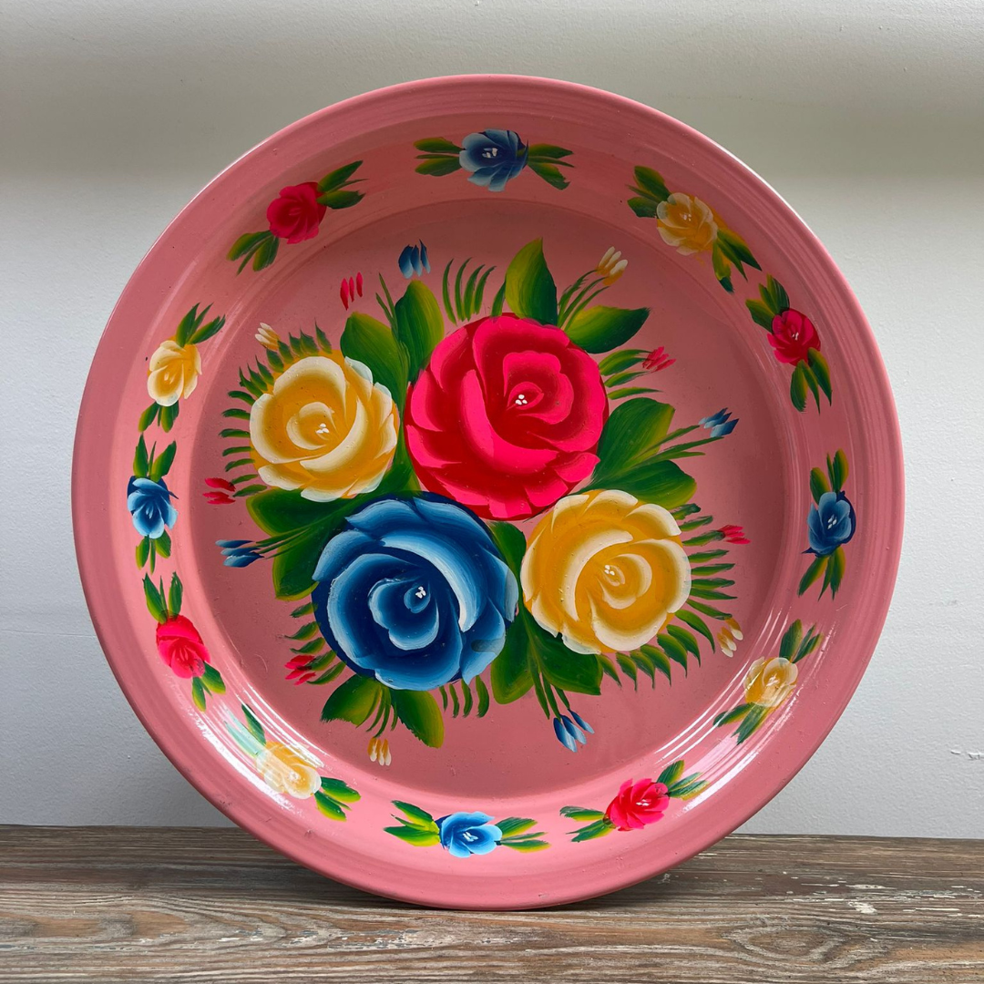 Hand Painted Enamel Platter - Pink Floral – Bombay Sprout Ltd